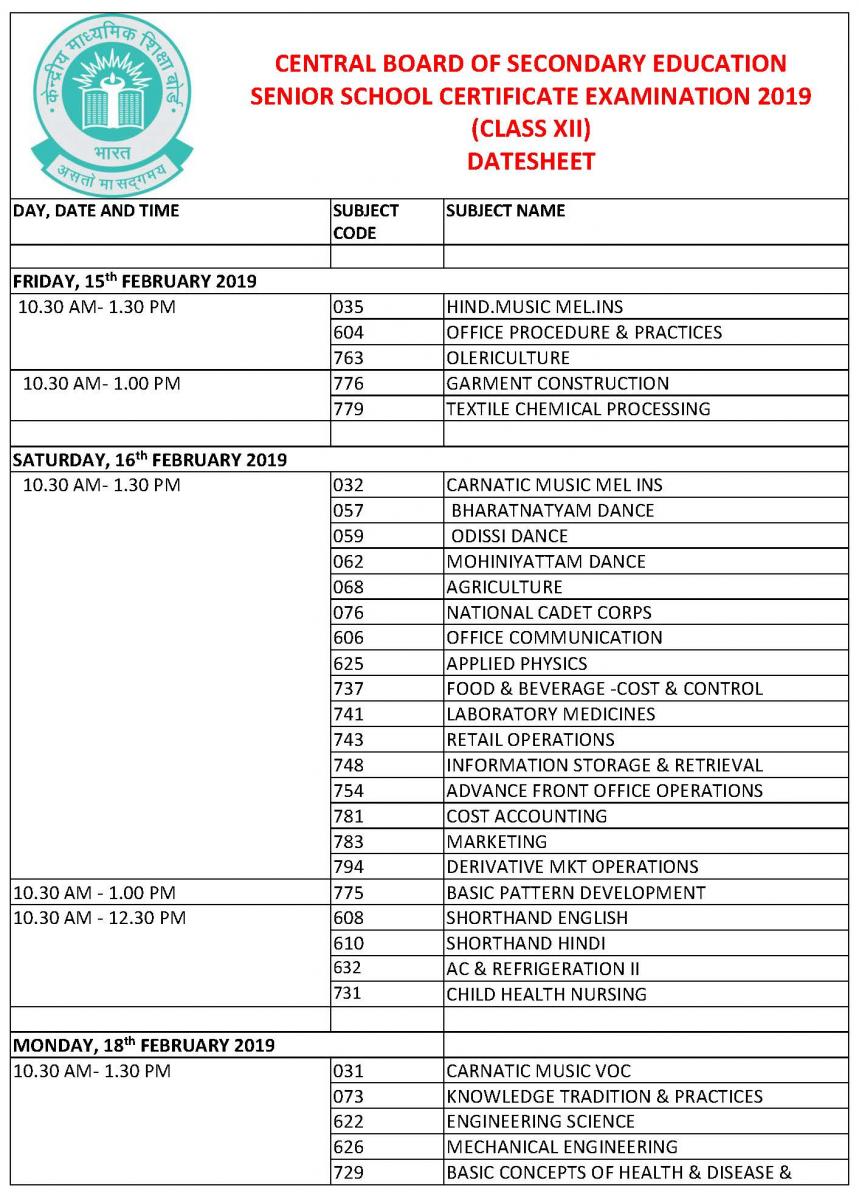 CBSE Class 12 Board Exams 2019 Datesheet CBSE Class 12 Board Exams 2019 Datesheet