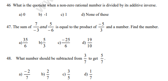 CBSE Class 7 Mathematics MCQs Rational Numbers Multiple Choice 