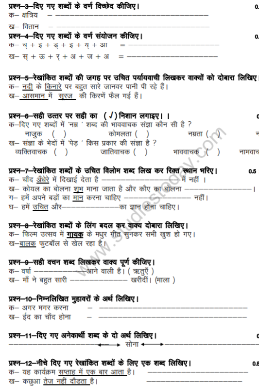 CBSE Class 5 Hindi Question Paper Set G
