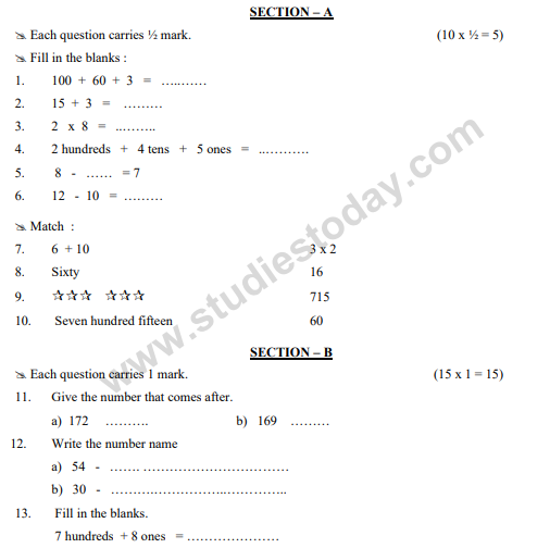CBSE Class 2 Maths Question Paper Set F