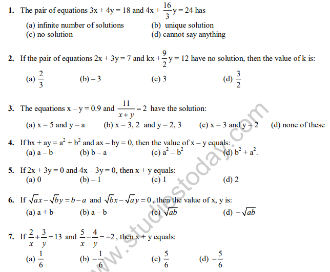 CBSE Class 10 Pair Of Linear Equations MCQs Set D Multiple Choice