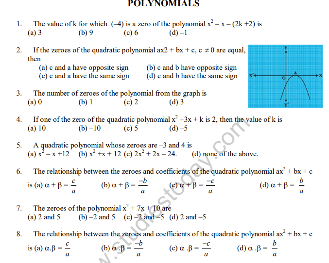 View PDF CBSE Class 10 Polynomials MCQs Set A