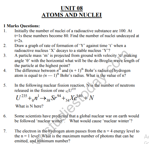 CBSE Class 12 Physics HOTs Atoms And Nuclei Set A