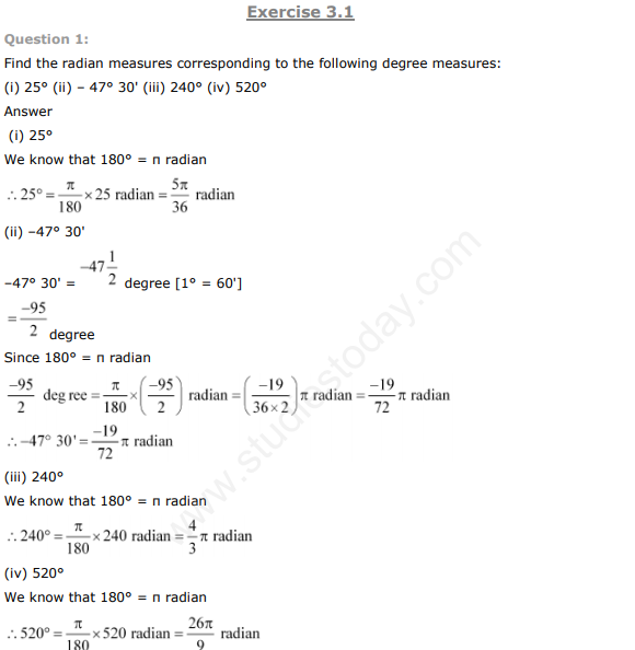 NCERT Solutions Class 11 Mathematics Chapter 3 Trigonometric Functions