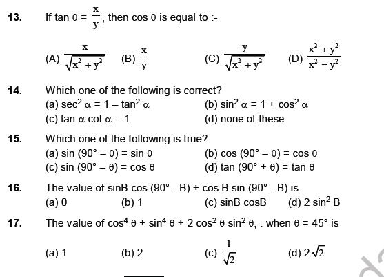 CBSE Class 10 Mathematics Introduction to Trigonometry MCQs Set C ...