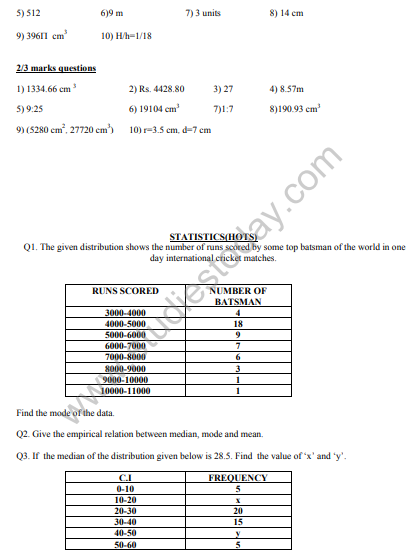 CBSE Class 10 Maths HOTs Surface Area and Volumes