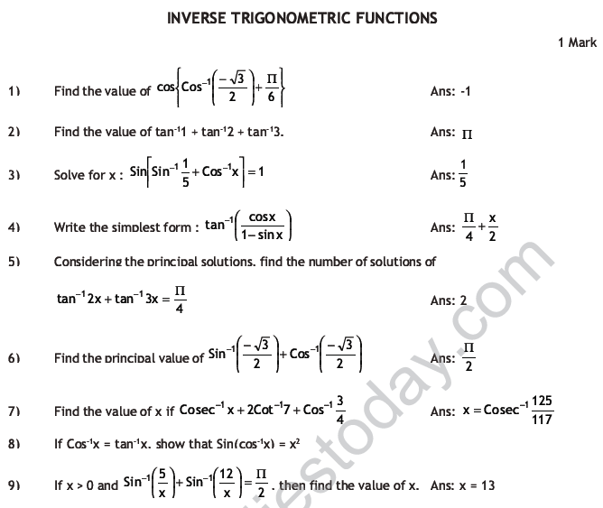 Inverse Trigonometric Functions Questions And Answers Soluti