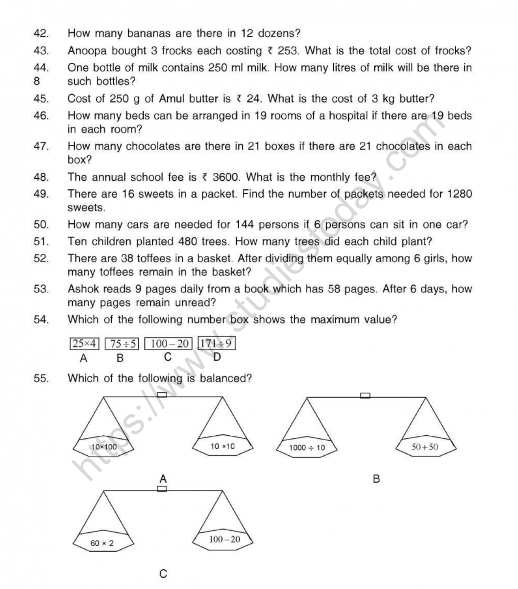 CBSE Class 5 Mental Maths Operations On Numbers Worksheet