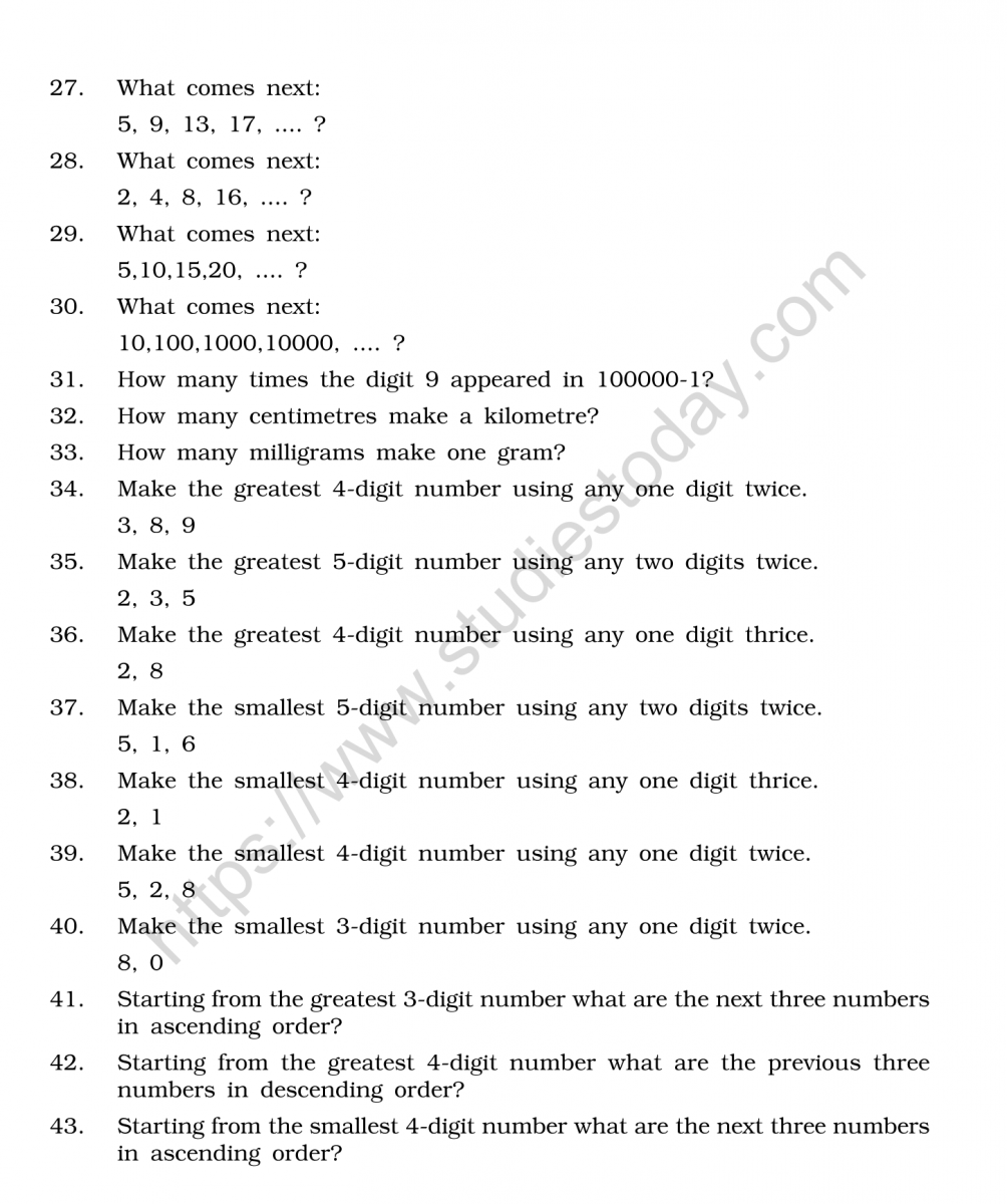 CBSE Class 6 Mental Maths Knowing Our Numbers Worksheet CBSE Class 6 Mental Maths Knowing Our Numbers Worksheet