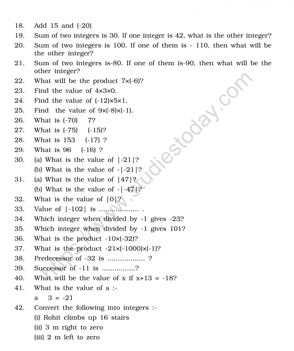 CBSE Class 6 Mental Maths Integers Worksheet