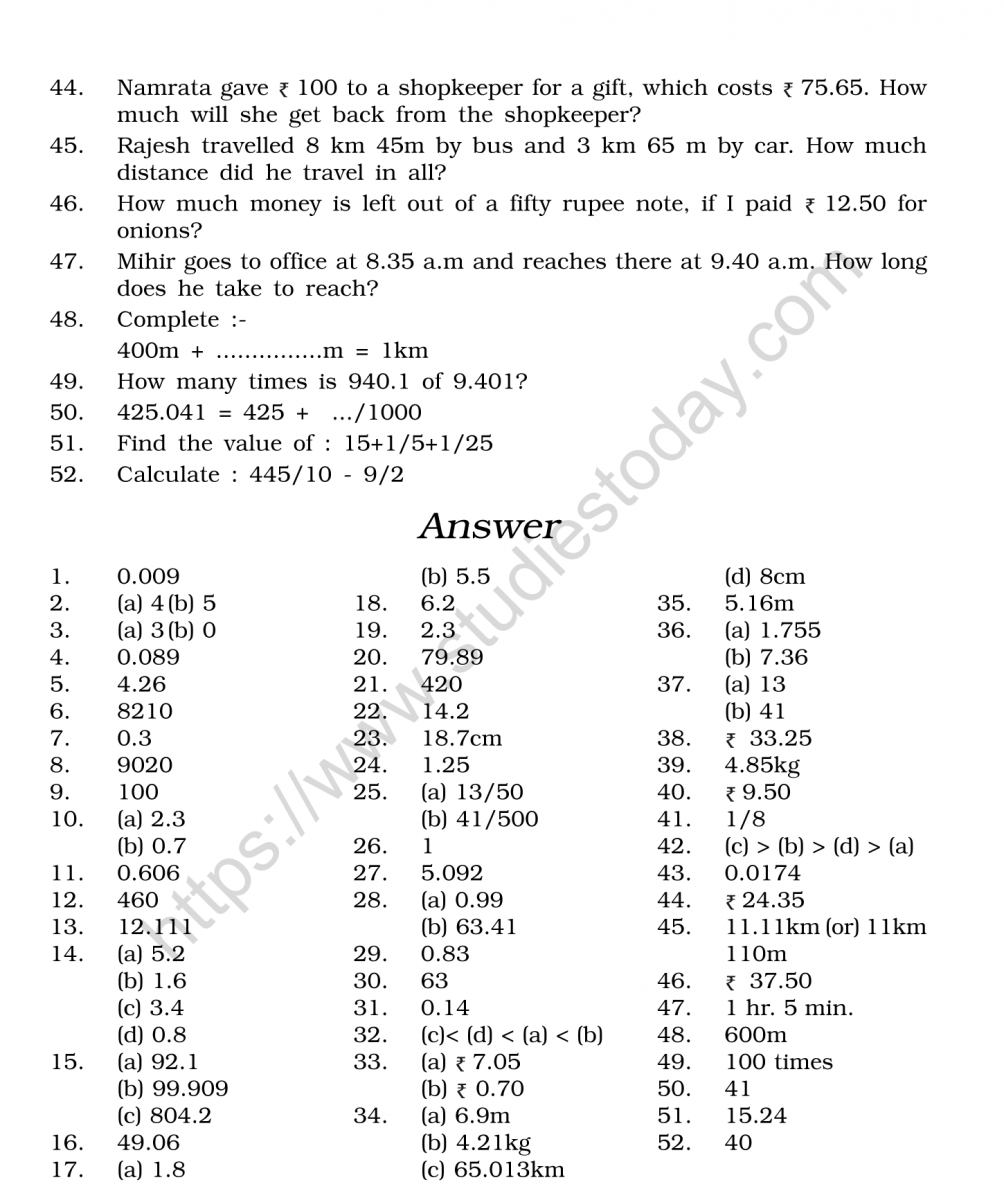 CBSE Class 6 Mental Maths Decimals Worksheet CBSE Class 6 Mental Maths Decimals Worksheet