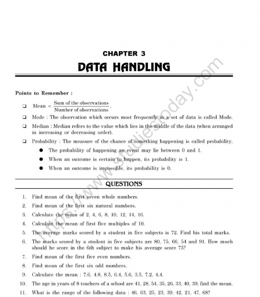 CBSE Class 7 Mental Maths Data Handling Worksheet