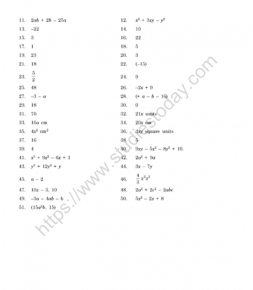 CBSE Class 7 Mental Maths Algebraic Expression Worksheet