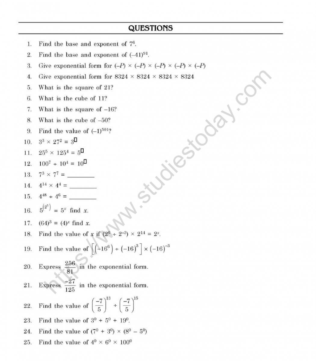 CBSE Class 7 Mental Maths Exponents And Powers Worksheet