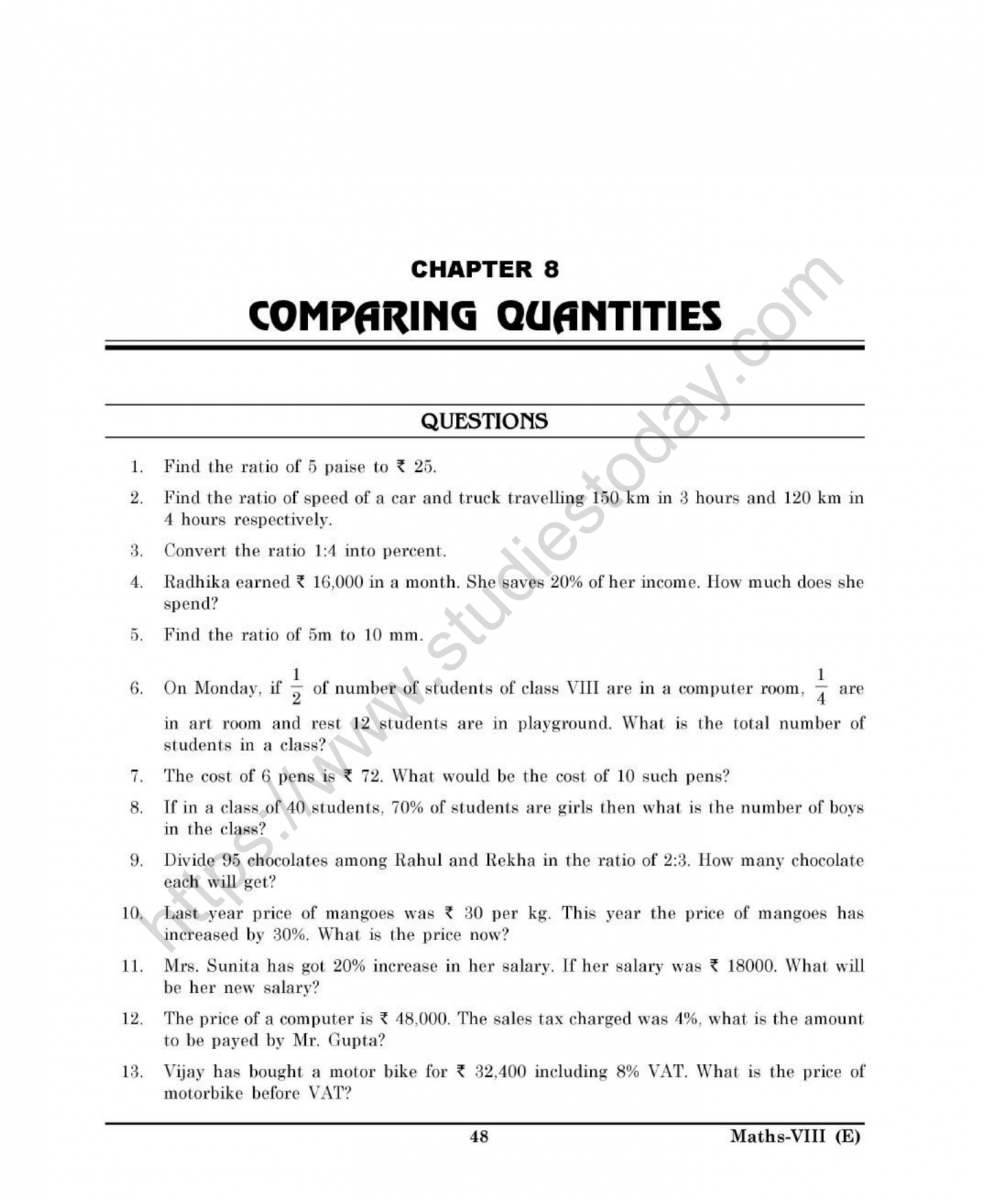 CBSE Class 8 Mental Maths Comparing Quantities Worksheet