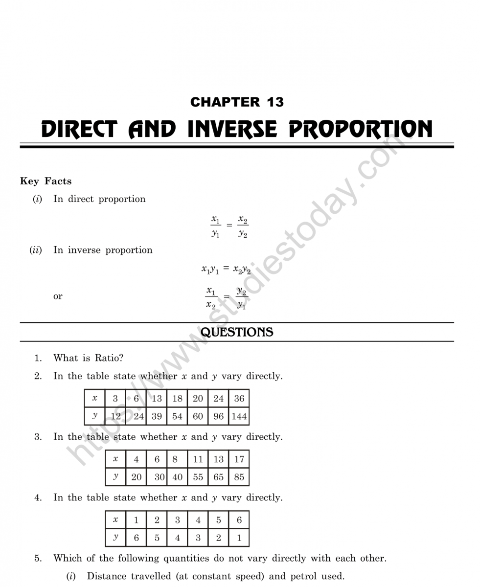 CBSE Class 8 Mental Maths Direct And Inverse Proportion Worksheet