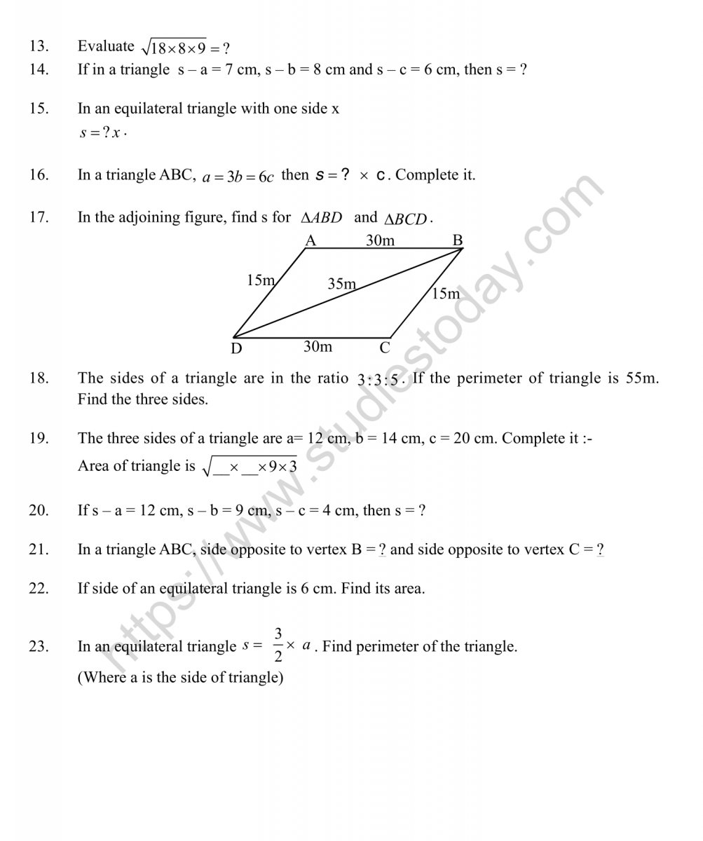 CBSE Class 9 Mental Maths Herons Formula Worksheet CBSE Class 9 Mental Maths Herons Formula Worksheet