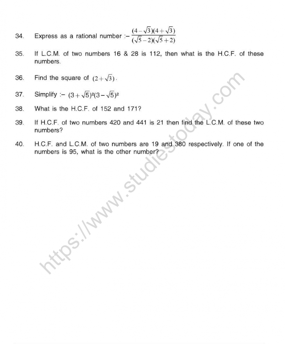 CBSE Class 10 Mental Maths Real Numbers Worksheet CBSE Class 10 Mental Maths Real Numbers Worksheet