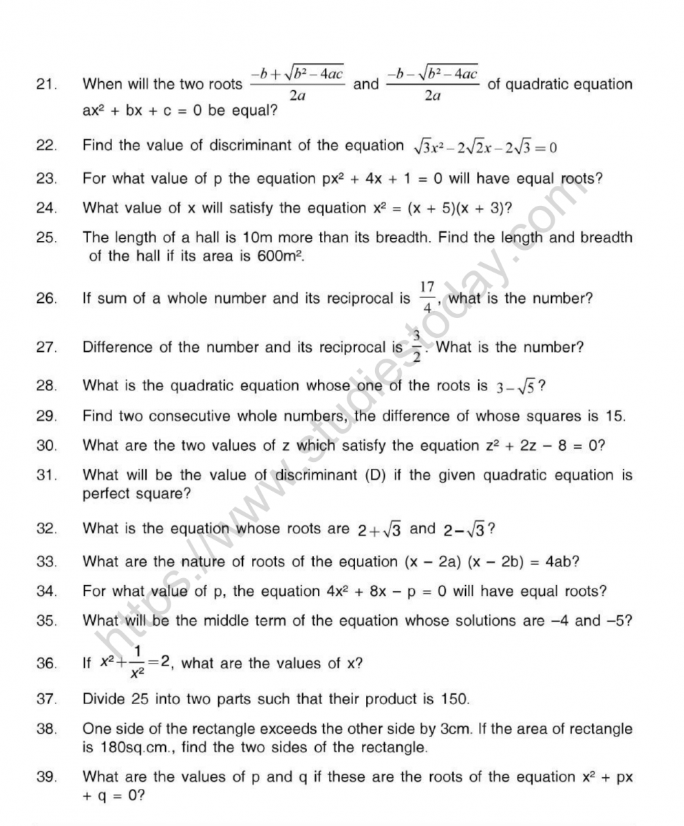 CBSE Class 10 Mental Maths Quadratic Equations Worksheet