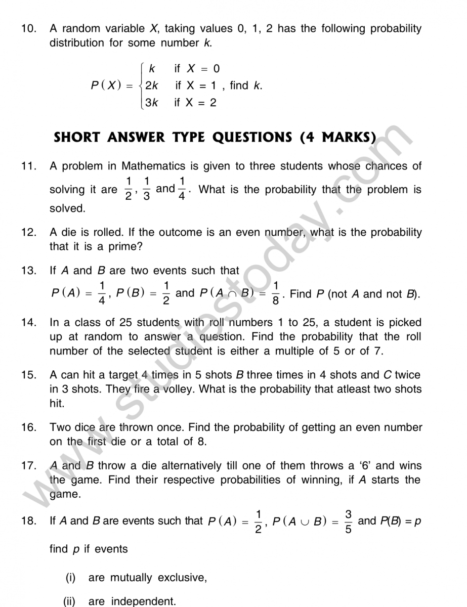 CBSE Class 12 Mathematics Probability Worksheet Set A CBSE Class 12 Mathematics Probability Worksheet Set A
