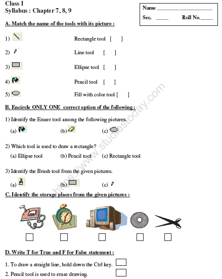 CBSE Class 1 Computer Science Parts and Devices Worksheet