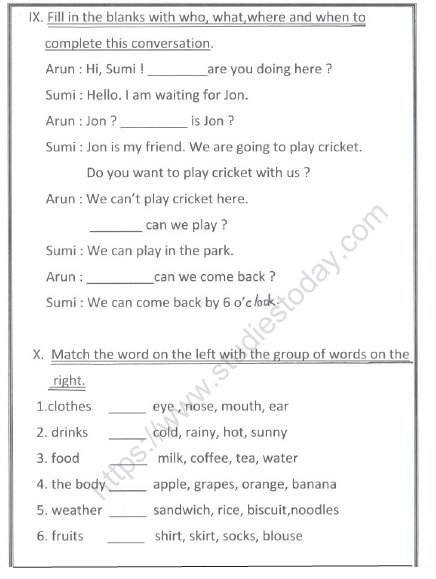 Class 1 English Printable Worksheet Set 3 Free PDF