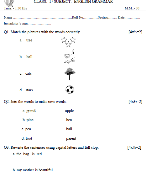 CBSE Class 1 English Grammar Sample Paper Set A