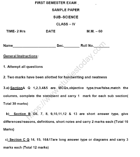 CBSE Class 4 Science Sample Paper Set J