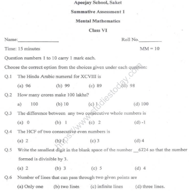 CBSE Class 6 Mathematics Sample Paper Set J