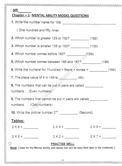 CBSE Class 2 Maths Mental Ability Worksheet