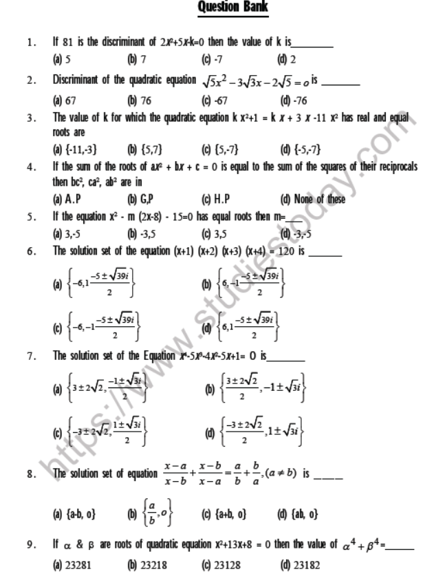 JEE Mathematics Quadratic Equation MCQs Multiple Choice Questions