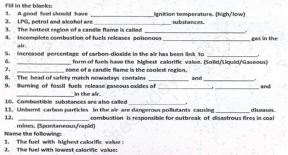 CBSE Class 8 Science Combustion and Flame Assignment