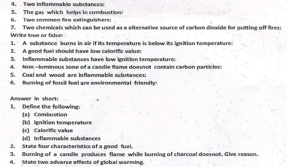 CBSE Class 8 Science Combustion and Flame Assignment