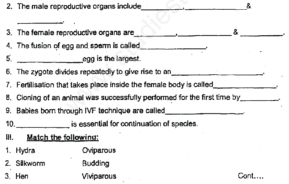 CBSE Class 8 Science Reproduction in Animals Assignment