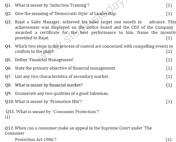 CBSE Class 12 Business Studies Sample Paper Set A