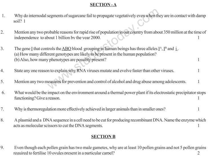 CBSE Class 12 Biology Sample Paper 2009 Set G