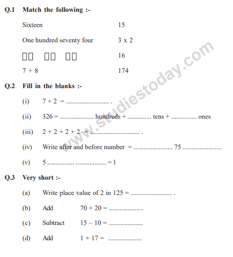 CBSE Class 2 Maths Question Paper Set G