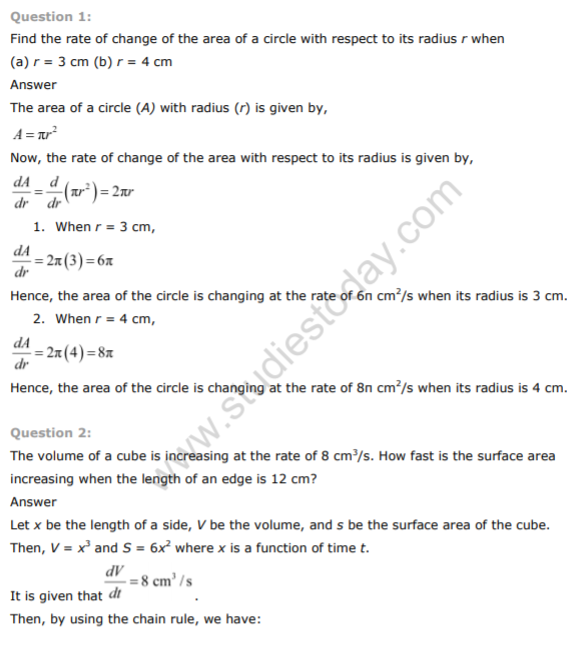 NCERT Class 12 Maths Solutions Application of Derivatives