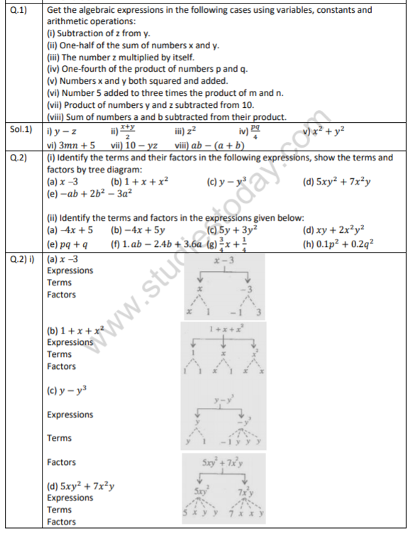 NCERT Solutions Class 7 Mathematics Algebraic Expressions