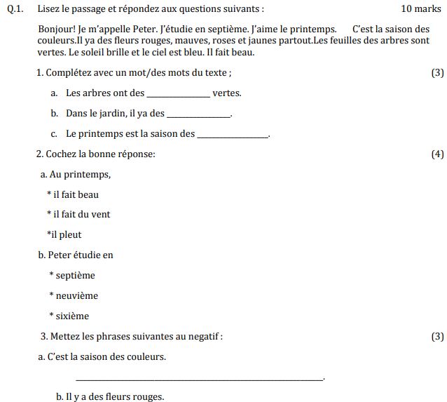 CBSE Class 7 French Sample Paper Set K