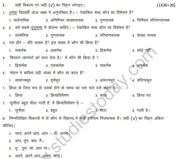 CBSE Class 7 Hindi Question Paper Set F