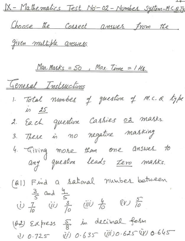 CBSE Class 9 Maths Number Systems MCQs Set G Multiple Choice ions 