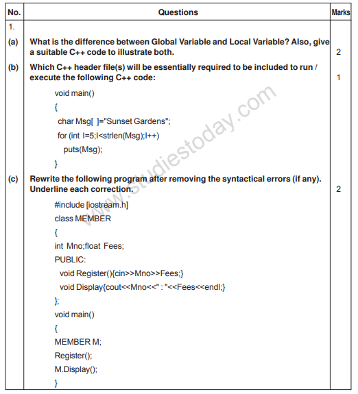 CBSE Class 12 Computer Science Sample Paper 2010 Solved Set A