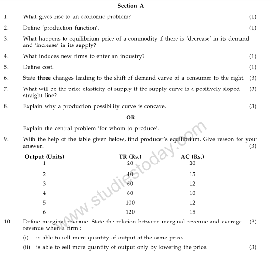 CBSE Class 12 Economics Sample Paper 2010 Solved Set A