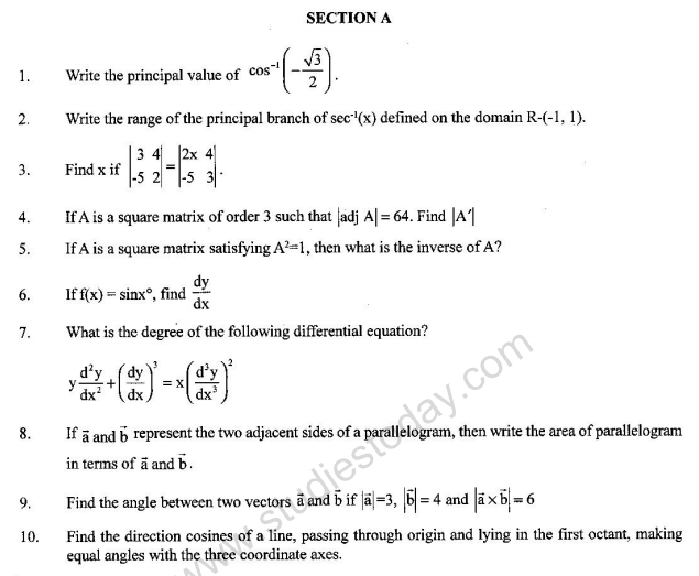 CBSE Class 12 Mathematics Sample Paper 2011 Solved Set A