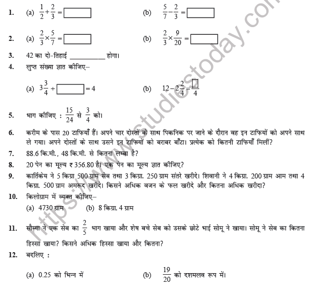 Class 7 Maths (Hindi) Bhinn aur Dashamlav Worksheet