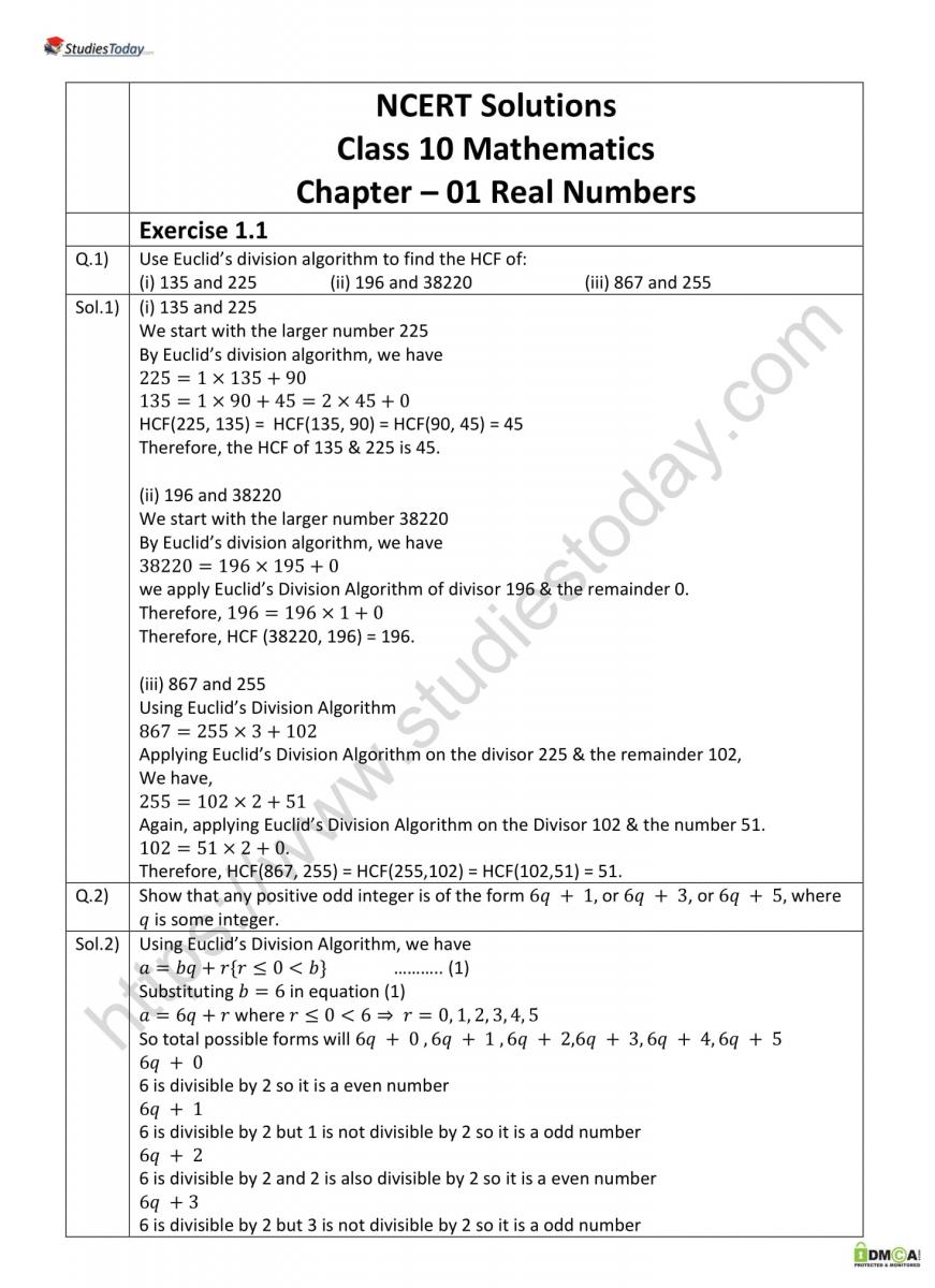 NCERT Solutions Class 10 Mathematics Chapter 1 Real Numbers