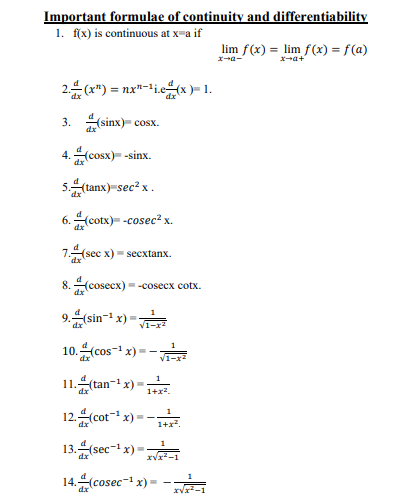 CBSE Class 12 Mathematics Continuity And Differentiability Notes CBSE Class 12 Mathematics Continuity And Differentiability Notes