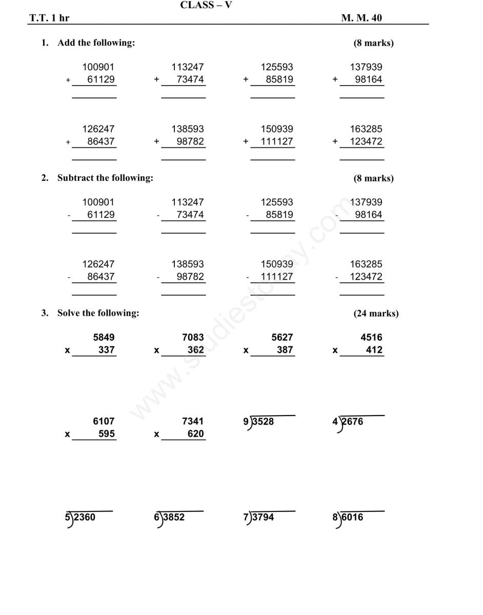 Class 5 Mathematics Test Paper 7 Class 5 Mathematics Test Paper 7