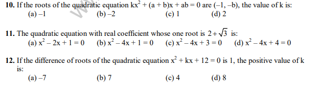 CBSE Class 10 Mathematics Quadratic Equations MCQs Set B Multiple 